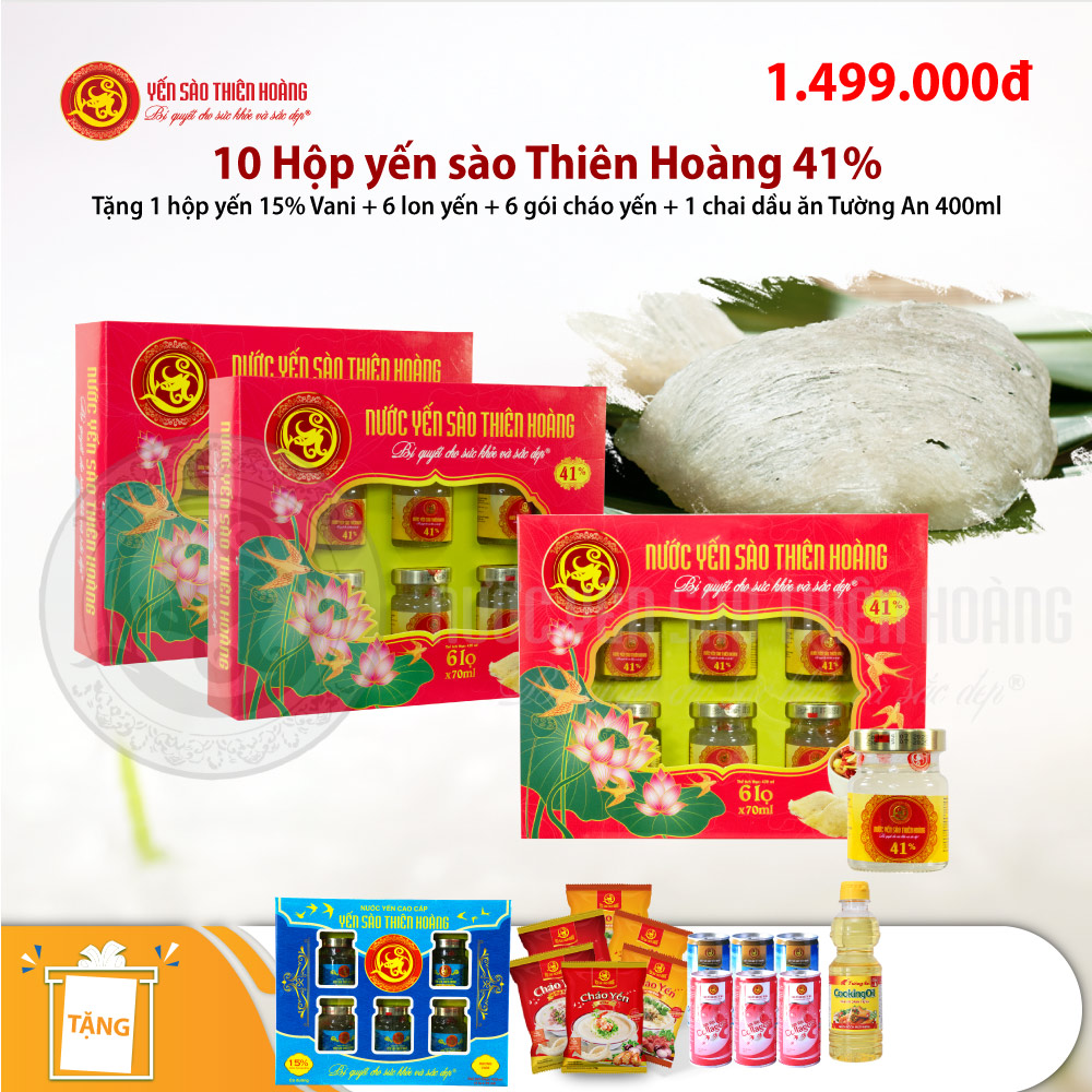 10 Hộp yến sào Thiên Hoàng 41% (6 lọ/hộp) - Tặng 1 hộp yến sào Thiên Hoàng 15% Vani + 6 lon nước ...